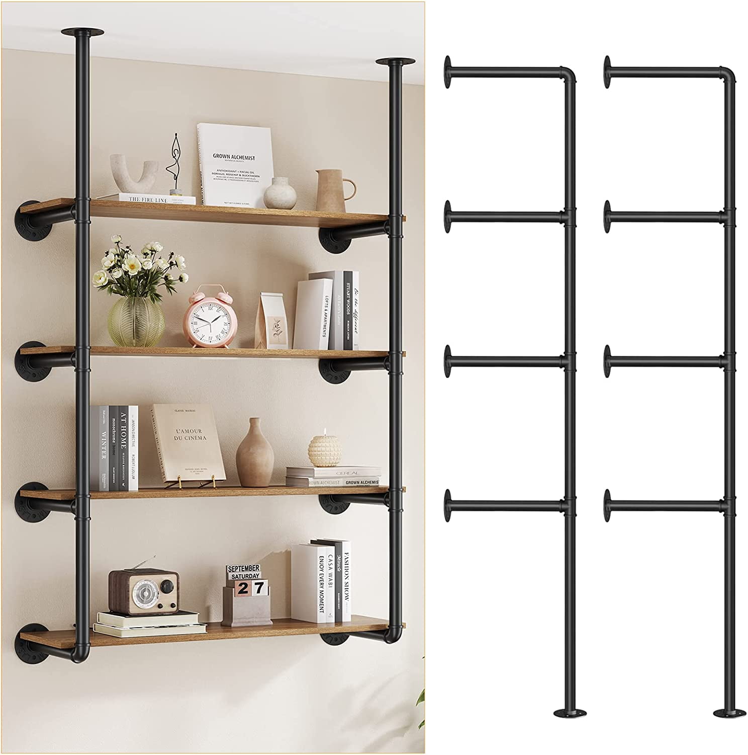 Industrial Iron Pipe Shelf Wall Mount, Farmhouse DIY Open Bookshelf ...