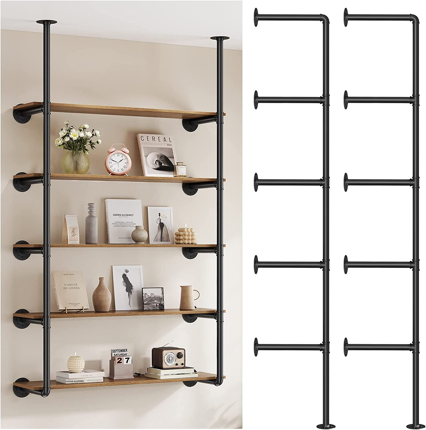 Industrial Iron Pipe Shelf Wall Mount, Farmhouse DIY Open Bookshelf ...