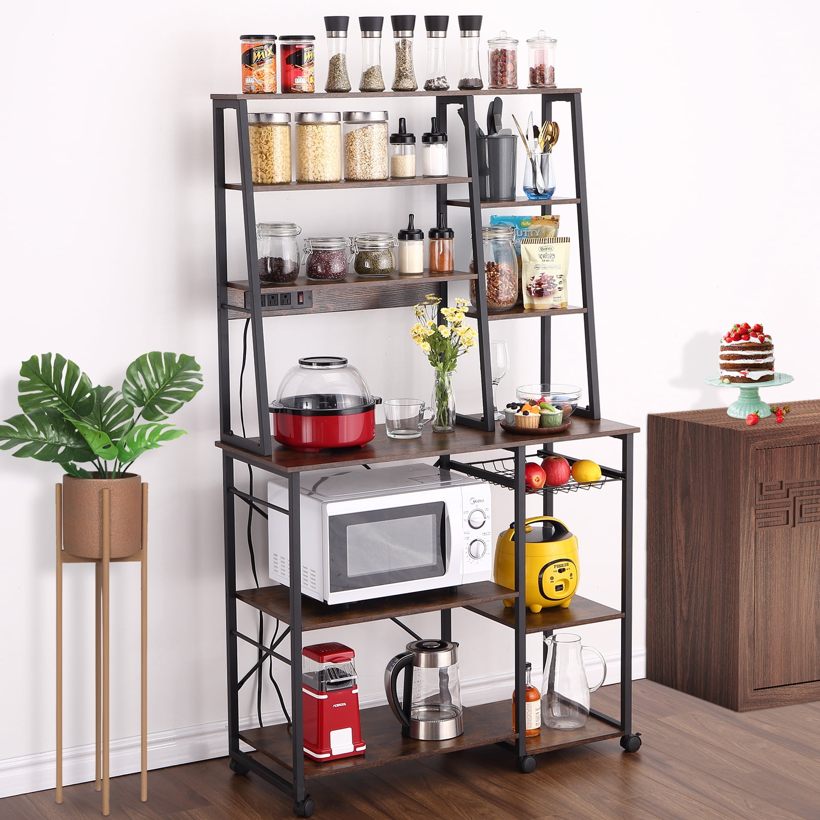 Industrial Kitchen Bakers Rack with Power Outlet, Microwave Stand ...