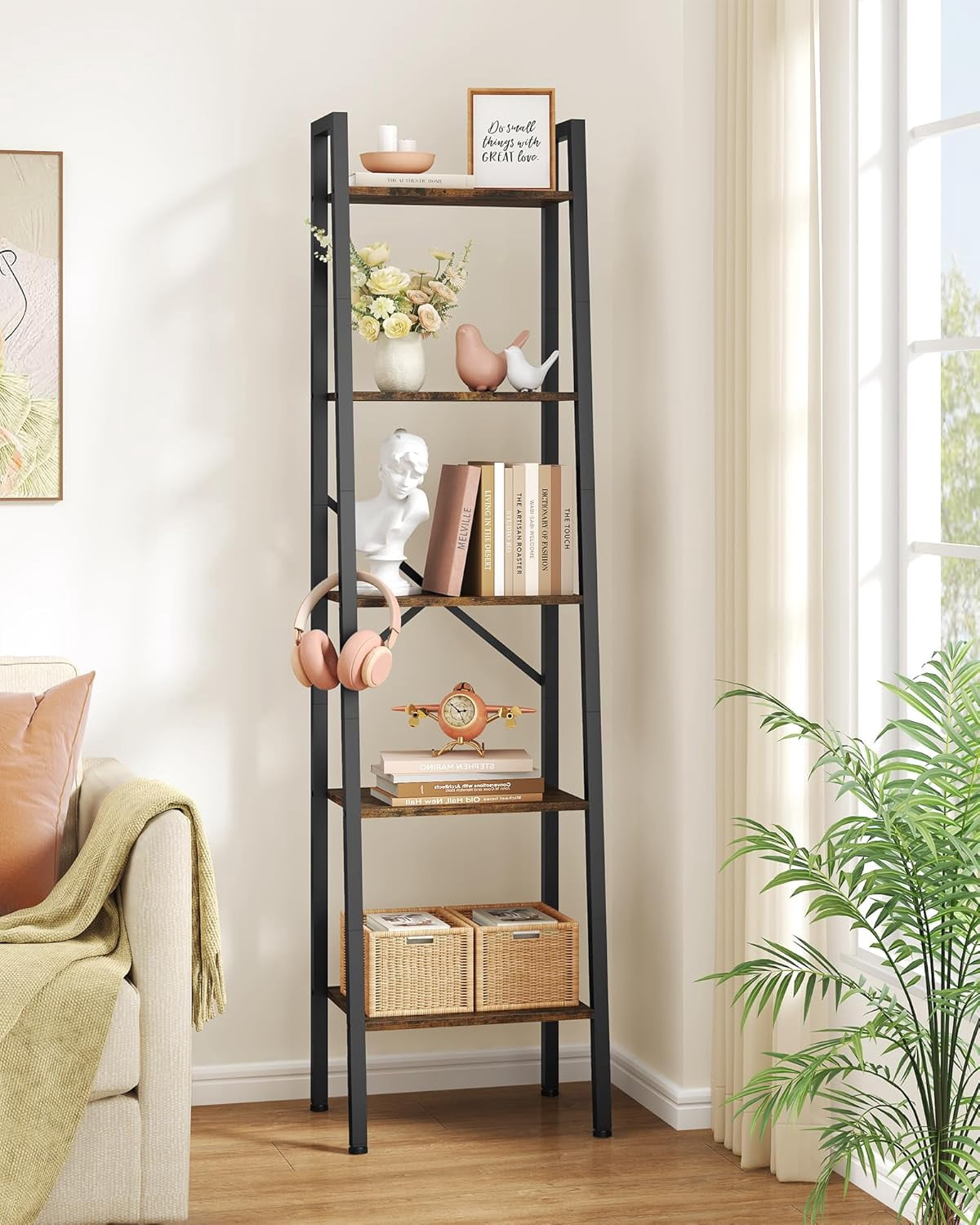 Industrial Ladder Bookshelf, Multifunctional Ladder Shelf, 5-Tier Tall ...