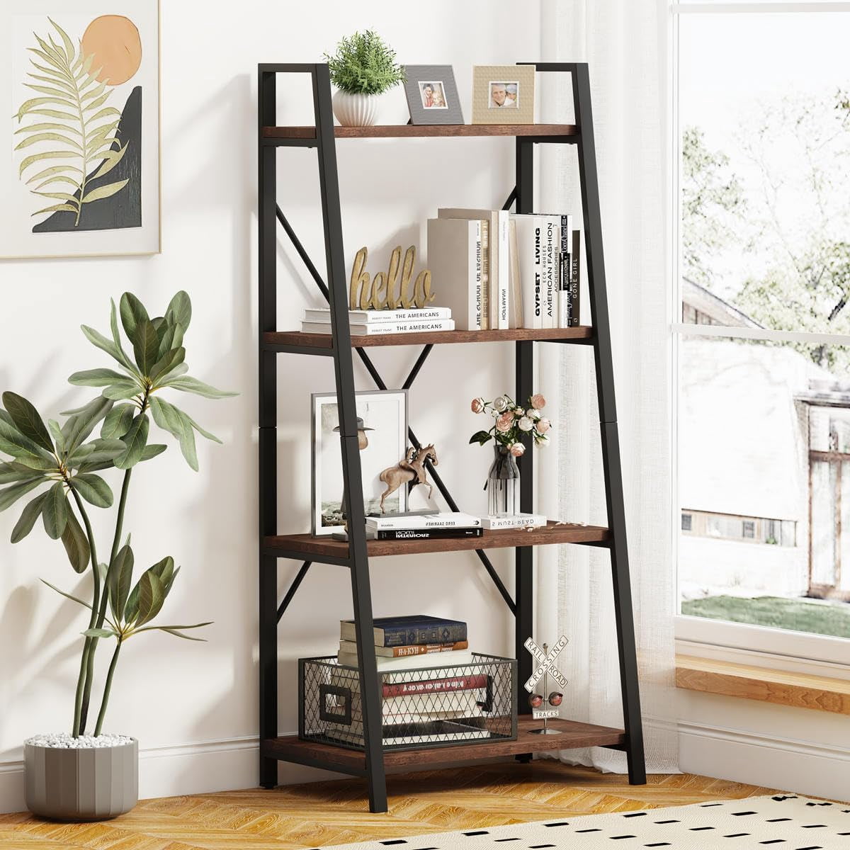 Industrial Ladder Shelf Bookcase, 4 Tier Rustic Ladder Bookshelf ...
