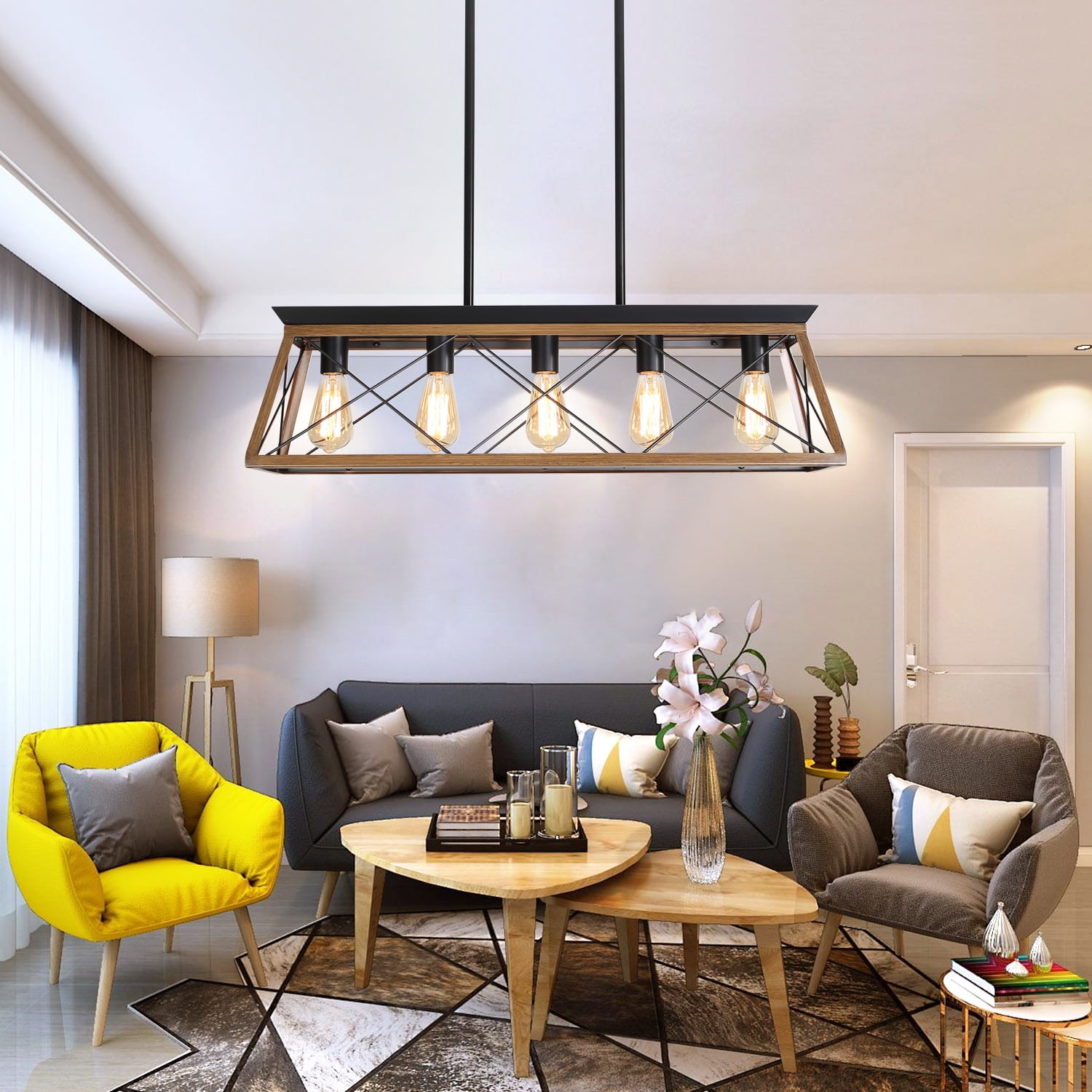 "Industrial Metal Cage Pendant Chandelier, 32 Inch Walnut 5-Light ...