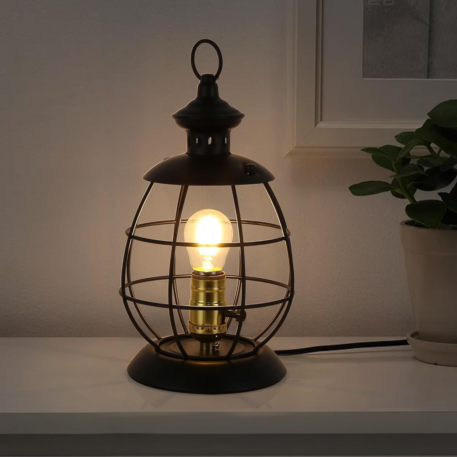 Industrial Metal Lantern Table Lamp - 12.2''H Black Cage Lampshade ...