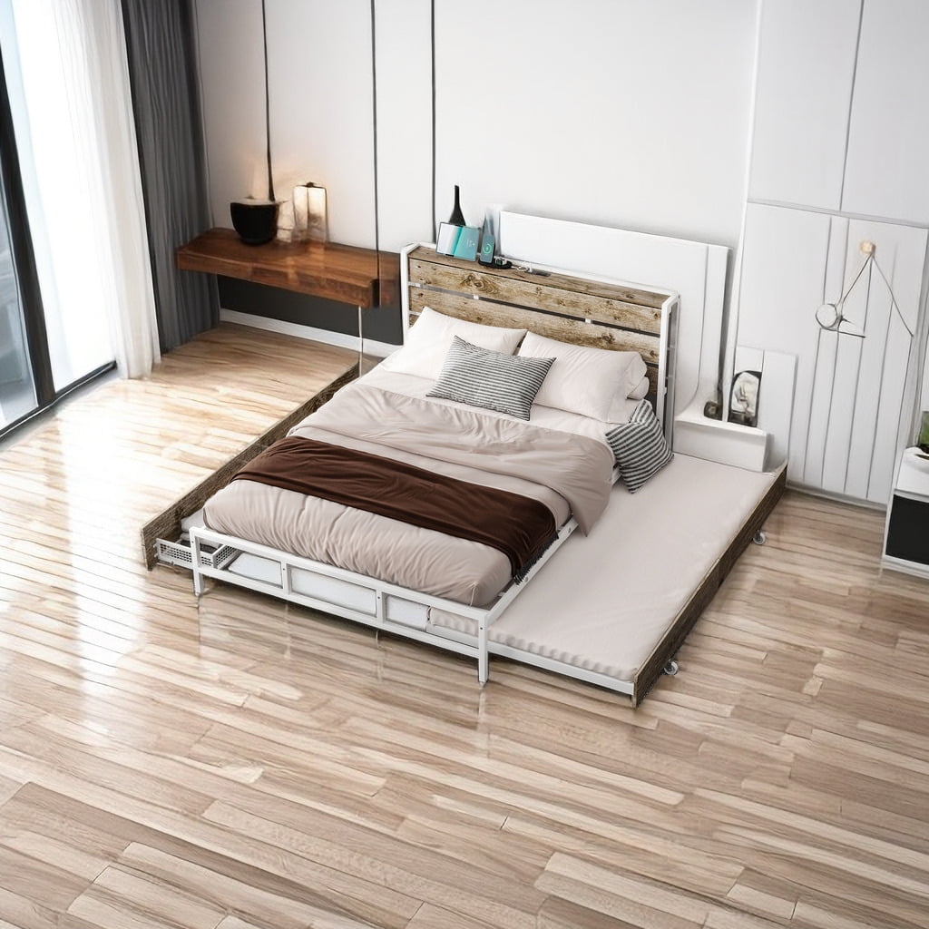 Industrial Metal Platform Bed with Drawers and Trundle, Queen Size ...