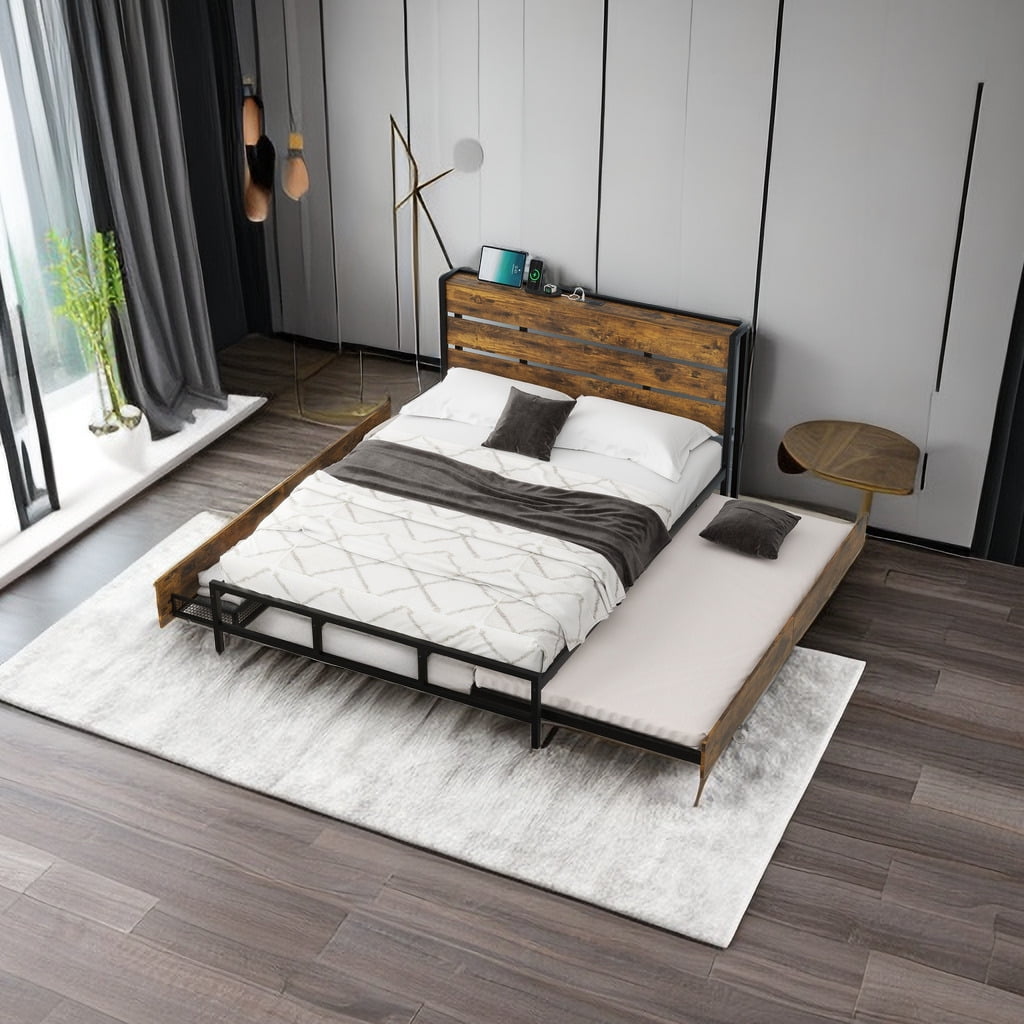 Industrial Metal Platform Bed with Drawers and Trundle, Queen Size ...