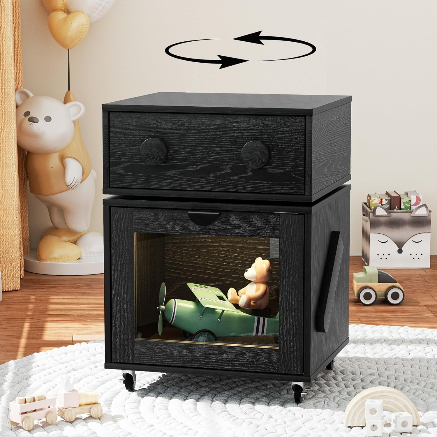 Industrial Nightstand with 360° Rotating Drawer & LED Light, Robot Wood ...