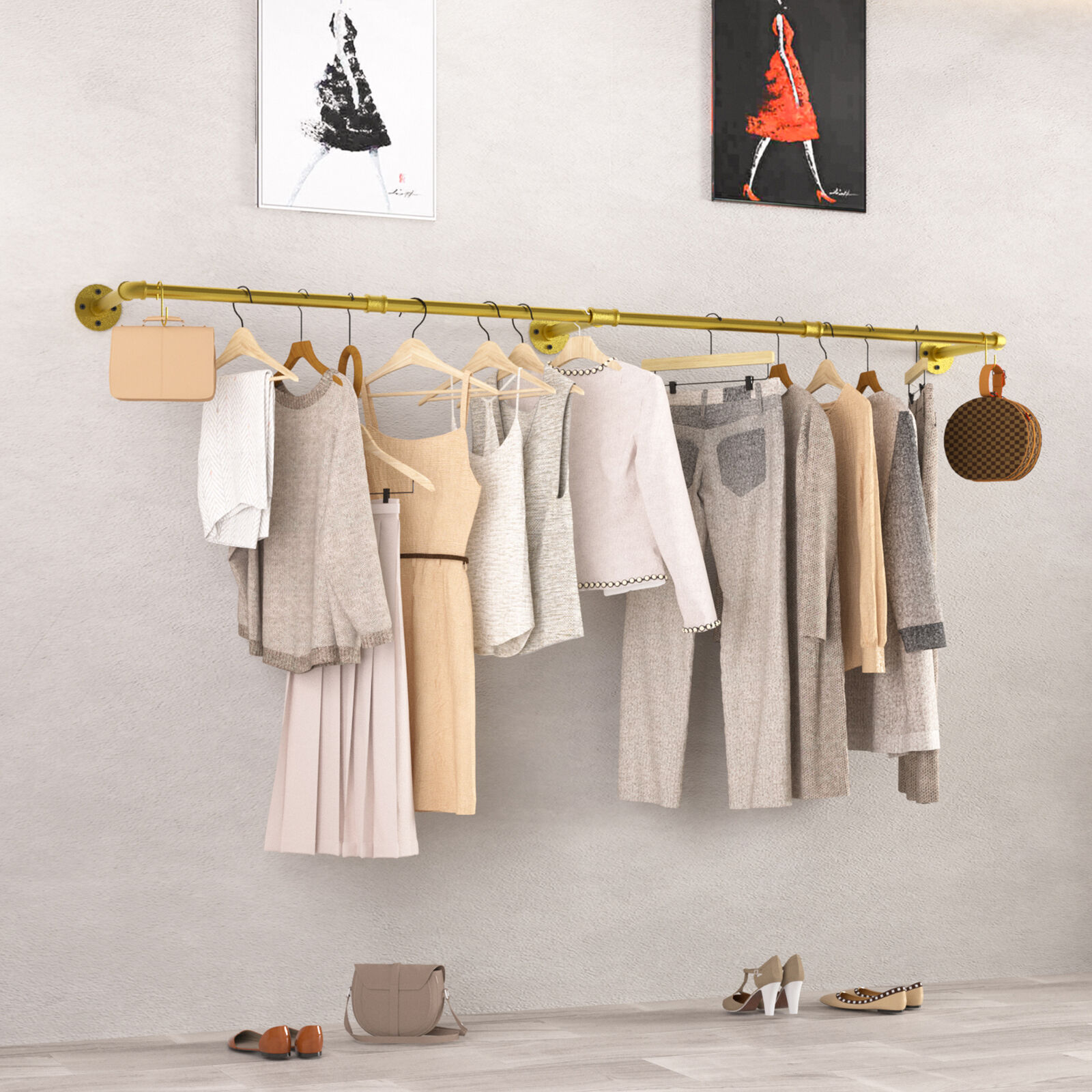 Industrial Pipe Clothes Hanging Rack Wall Mounted Iron Clothing Storage ...