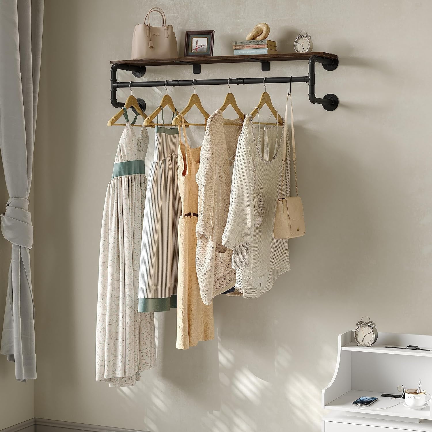 Industrial Pipe Clothes Rack with and 3 Hooks, 41''L Wall Mounted ...