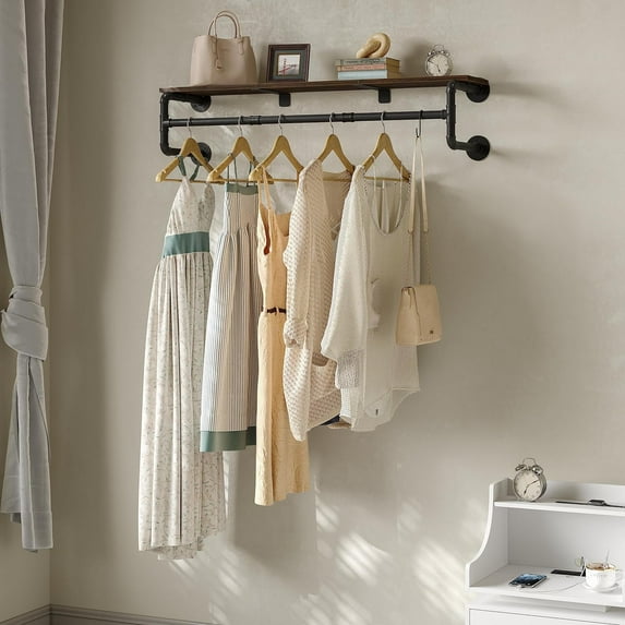Industrial Pipe Clothes Rack with and 3 Hooks, 41''L Wall Mounted ...