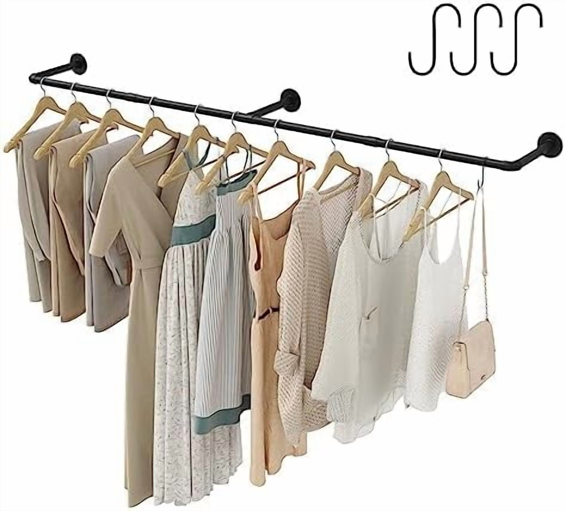 Industrial Pipe Clothes Rack with 3 Hooks, 72’'L Wall Mounted Garment ...