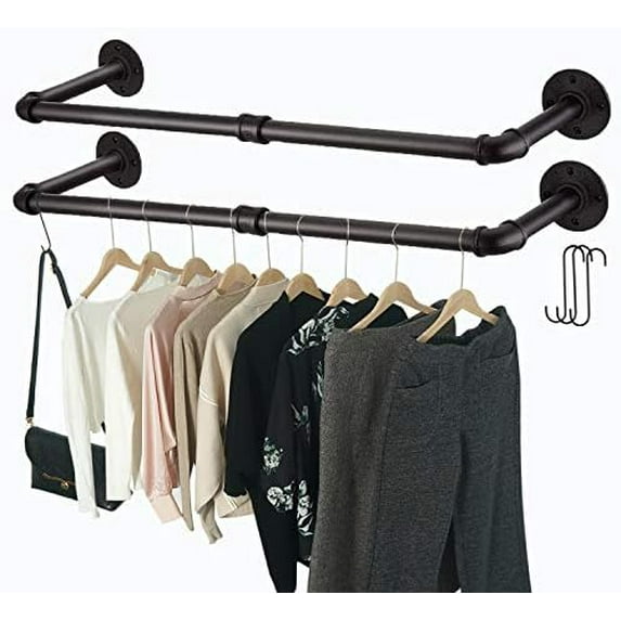 Industrial Pipe Clothes Rack with 3 S-Shaped Hooks, 36’'L Wall Mounted ...