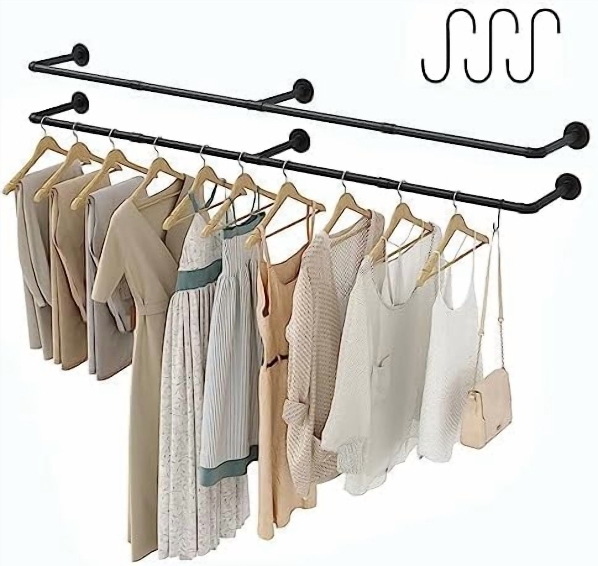 Industrial Pipe Clothes Rack with 3 S-shaped Hooks, 72’'L Wall Mounted ...