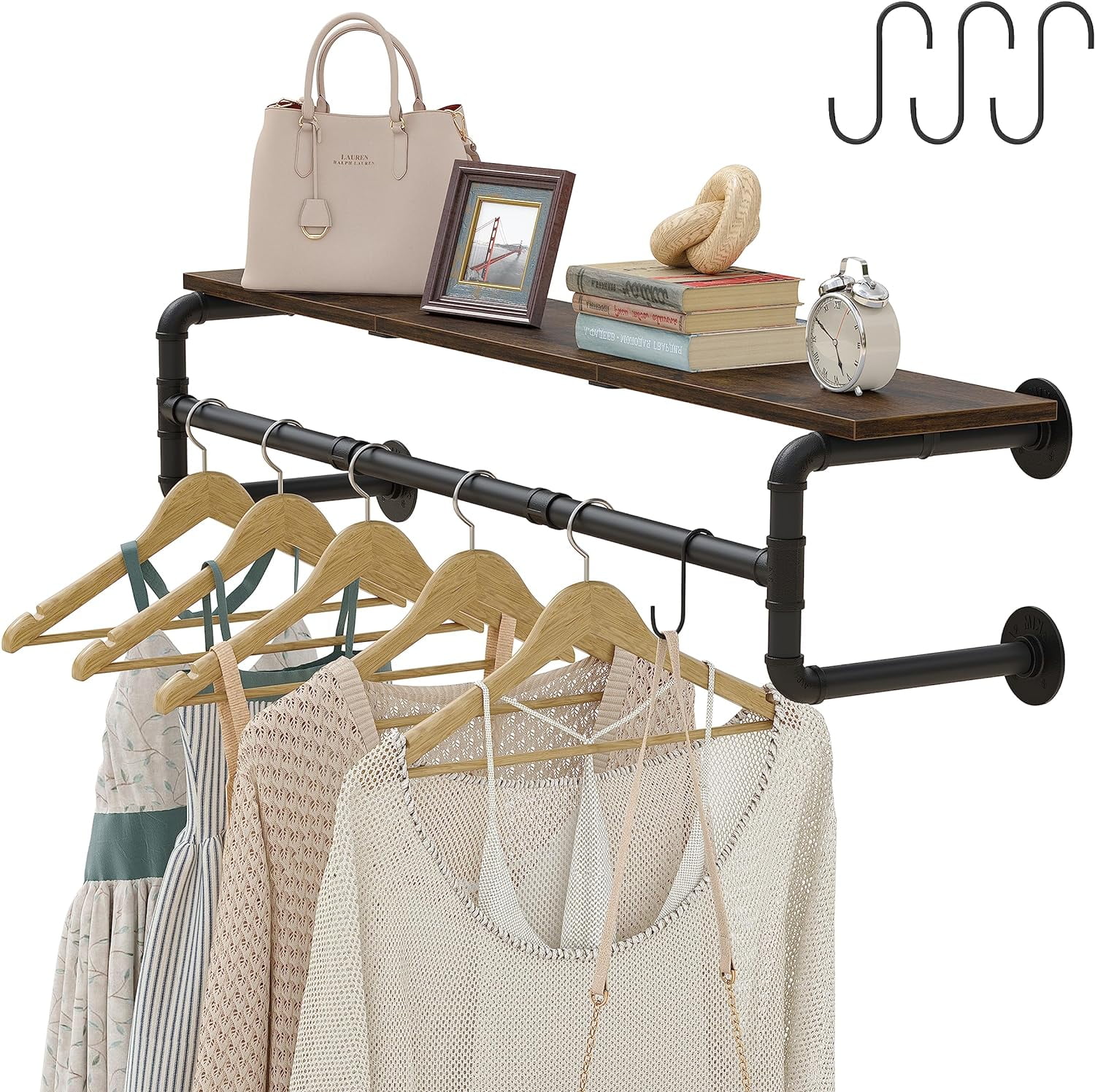 Industrial Pipe Clothes Rack with Top Shelf and 3 Hooks, 41''L Wall ...