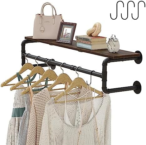 Industrial Pipe Clothes Rack with Top Shelf and 3 Hooks, 41''L Wall ...