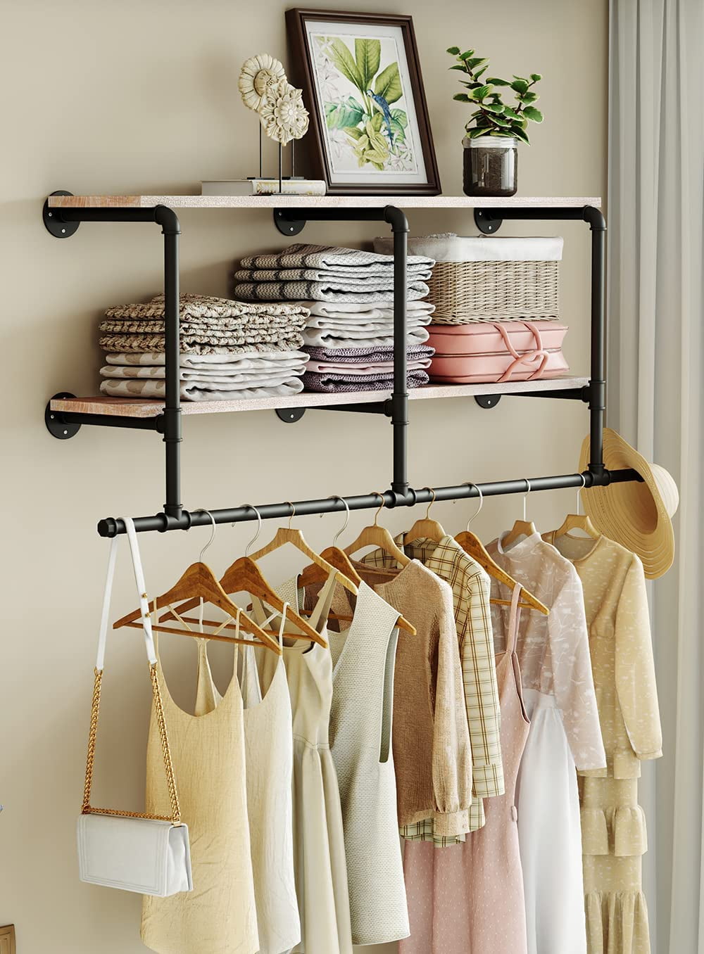 Industrial Pipe Clothes Rack with Wood Shelf, 52" Long Wall Mounted ...