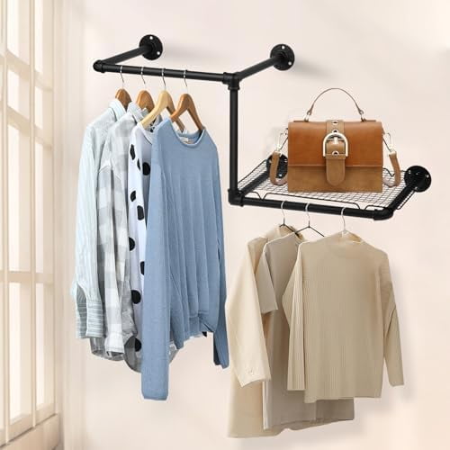 Industrial Pipe Clothing Rack with Floating Shelf, Heavy Duty Iron Pipe ...