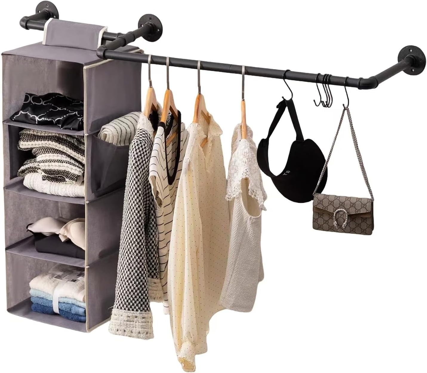 Industrial Pipe Clothing Rack with Hanging Shelves, Wall Mounted ...