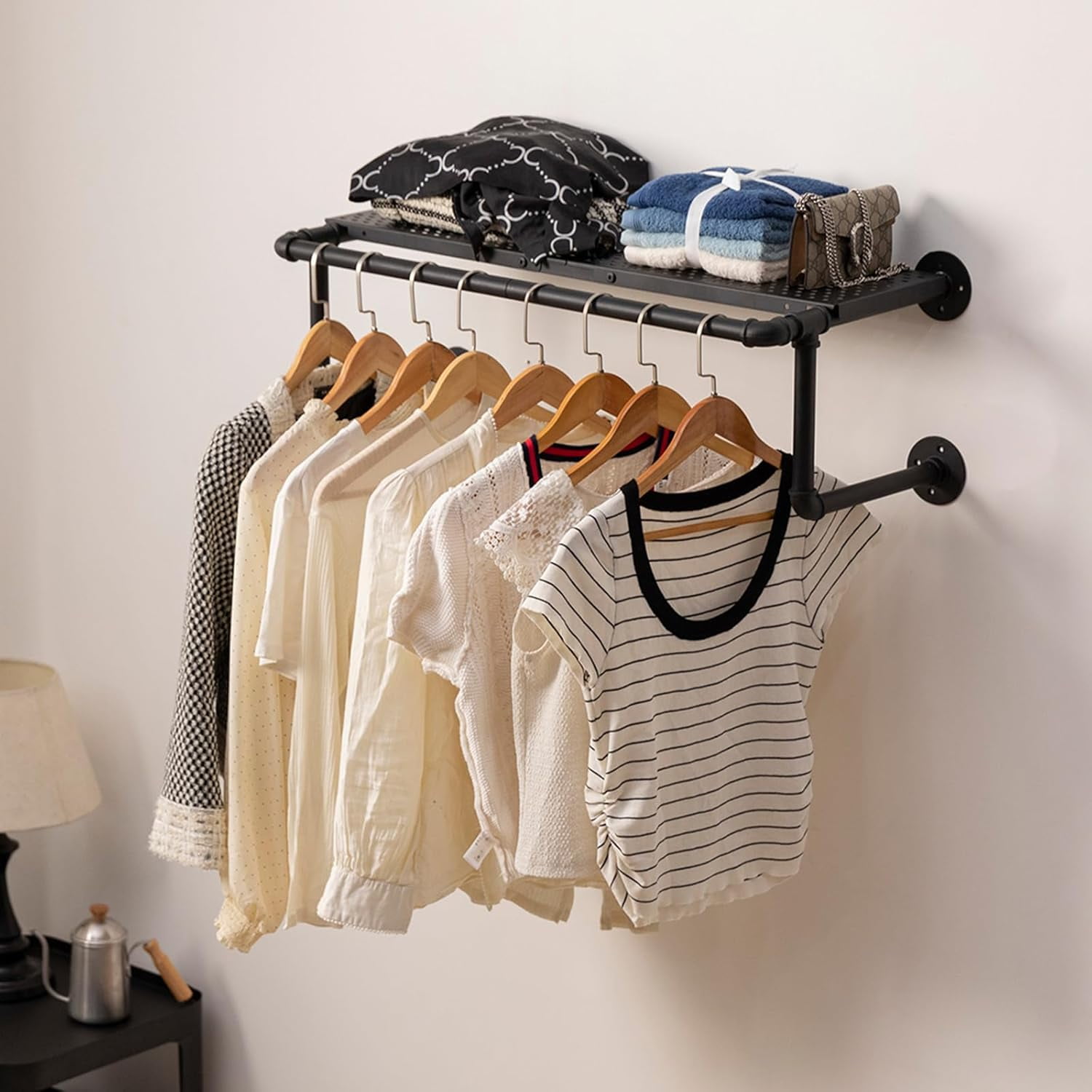 Industrial Pipe Clothing Rack with Metal Shelf, Wall Mounted Clothes ...