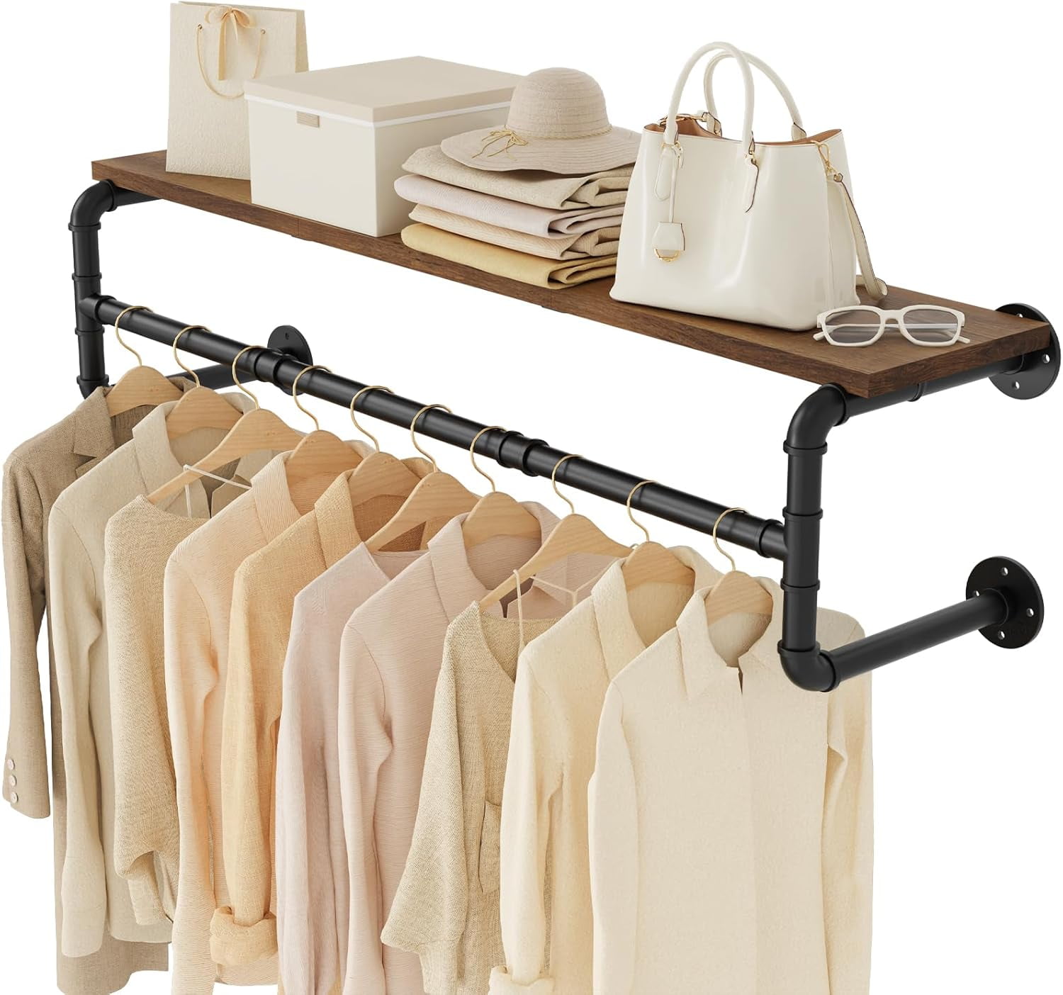 Industrial Pipe Clothing Rack with Shelves, Wall Mounted, Space Saving Closet Rod with 4 Bases ...