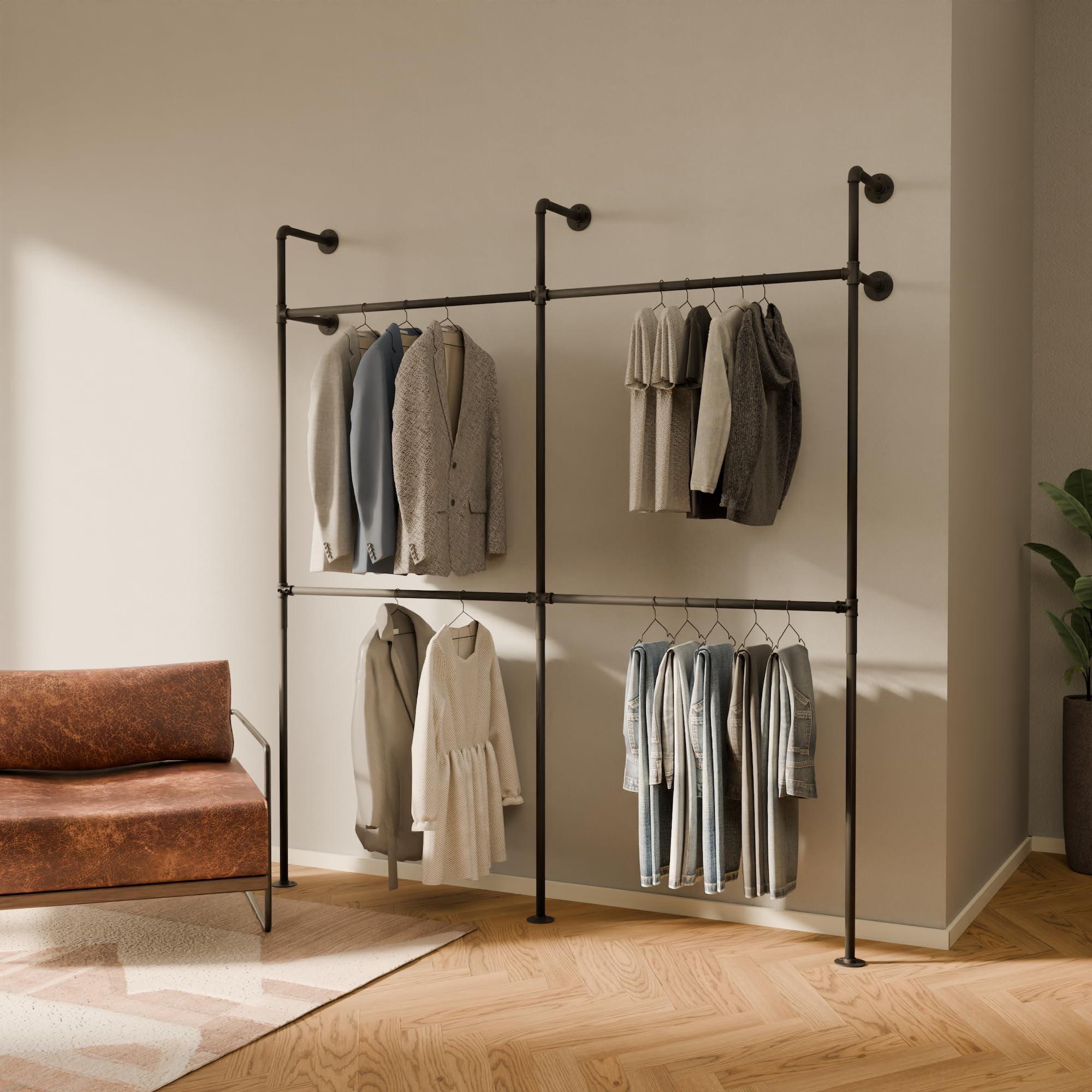 Industrial Pipe Clothing Rack – Wall Mounted Black Closet System in ...