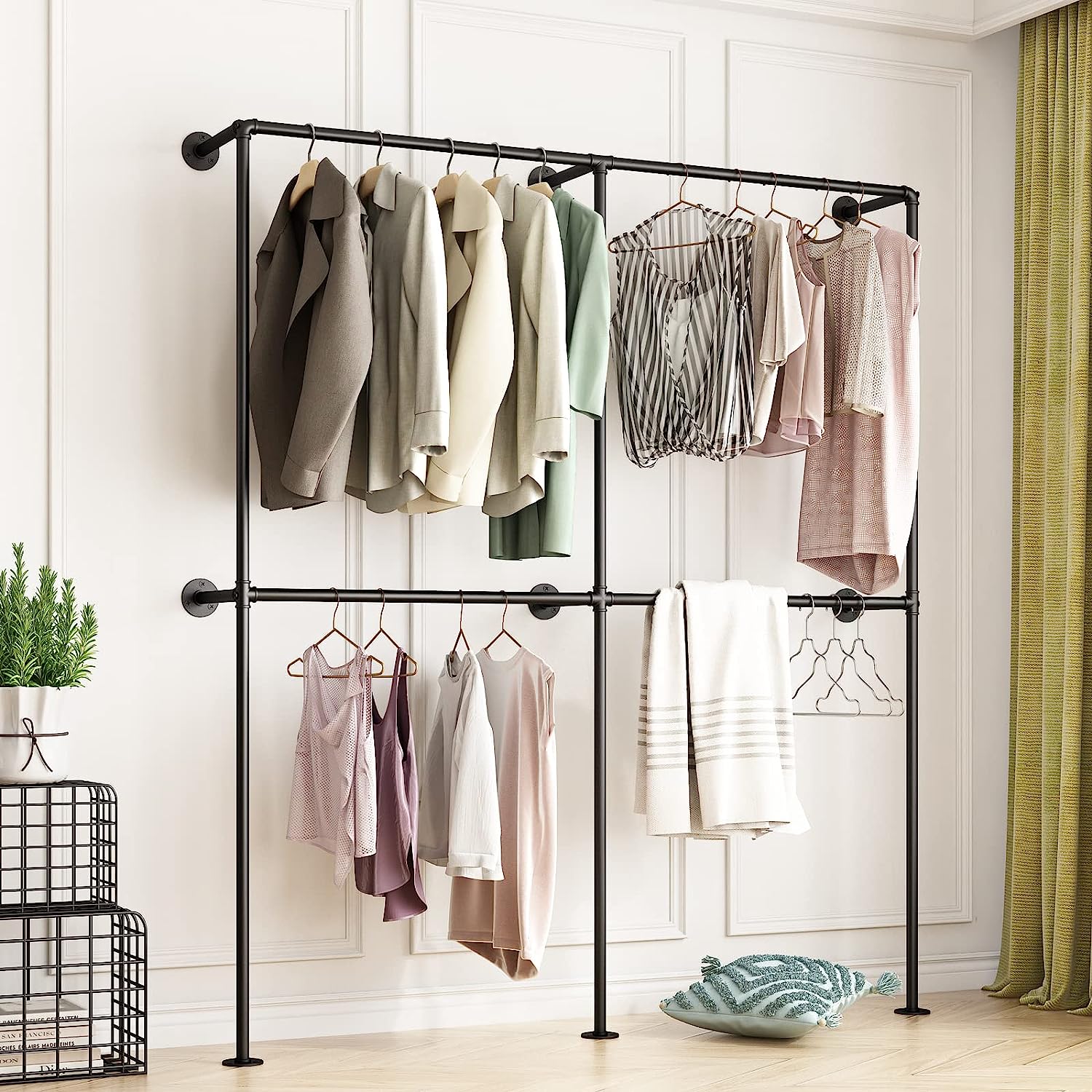 Industrial Pipe Clothing Rack Wall Mounted,Clothes Racks with Double ...