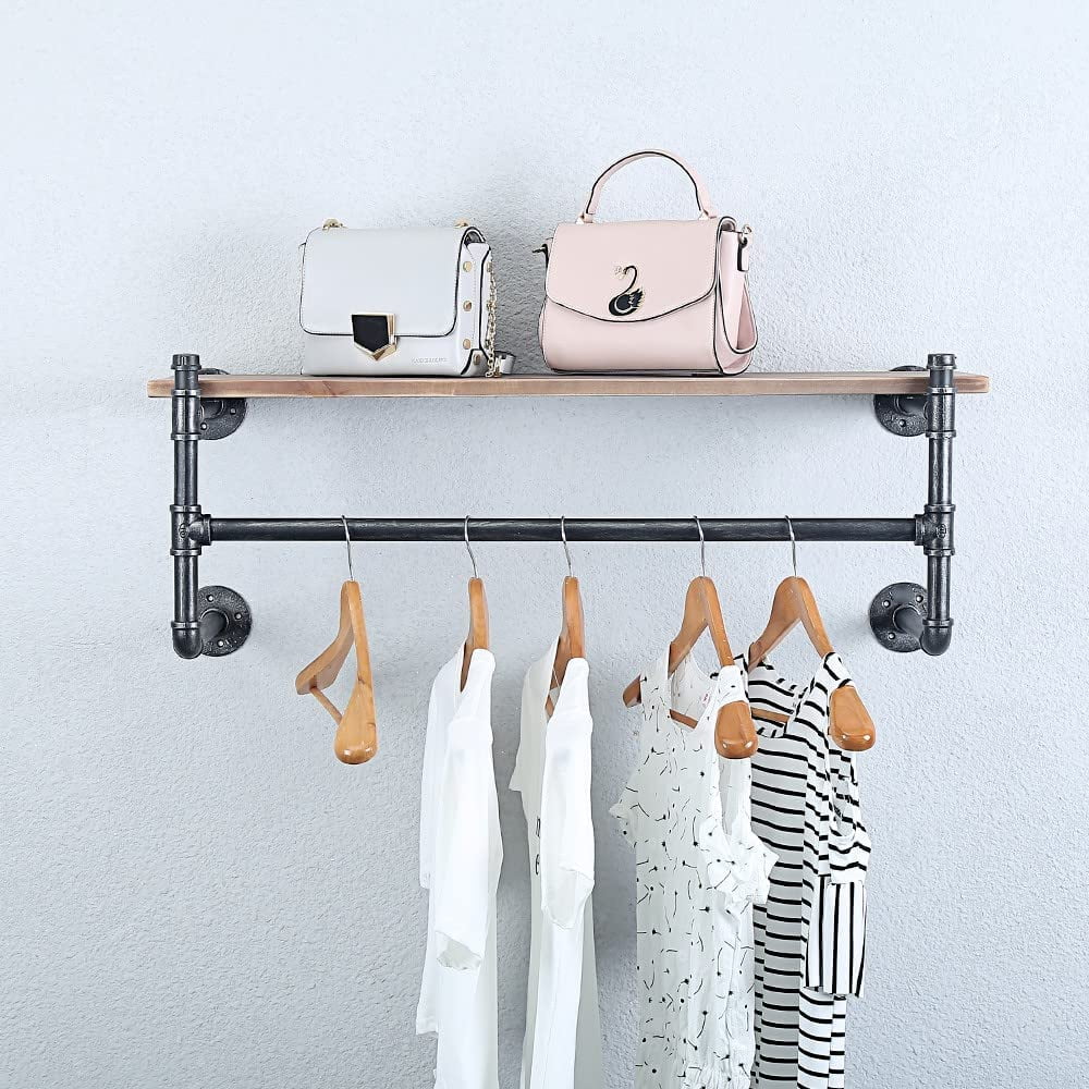 Industrial Pipe Clothing Rack Wall Mounted with Real Wood Shelf,Pipe ...