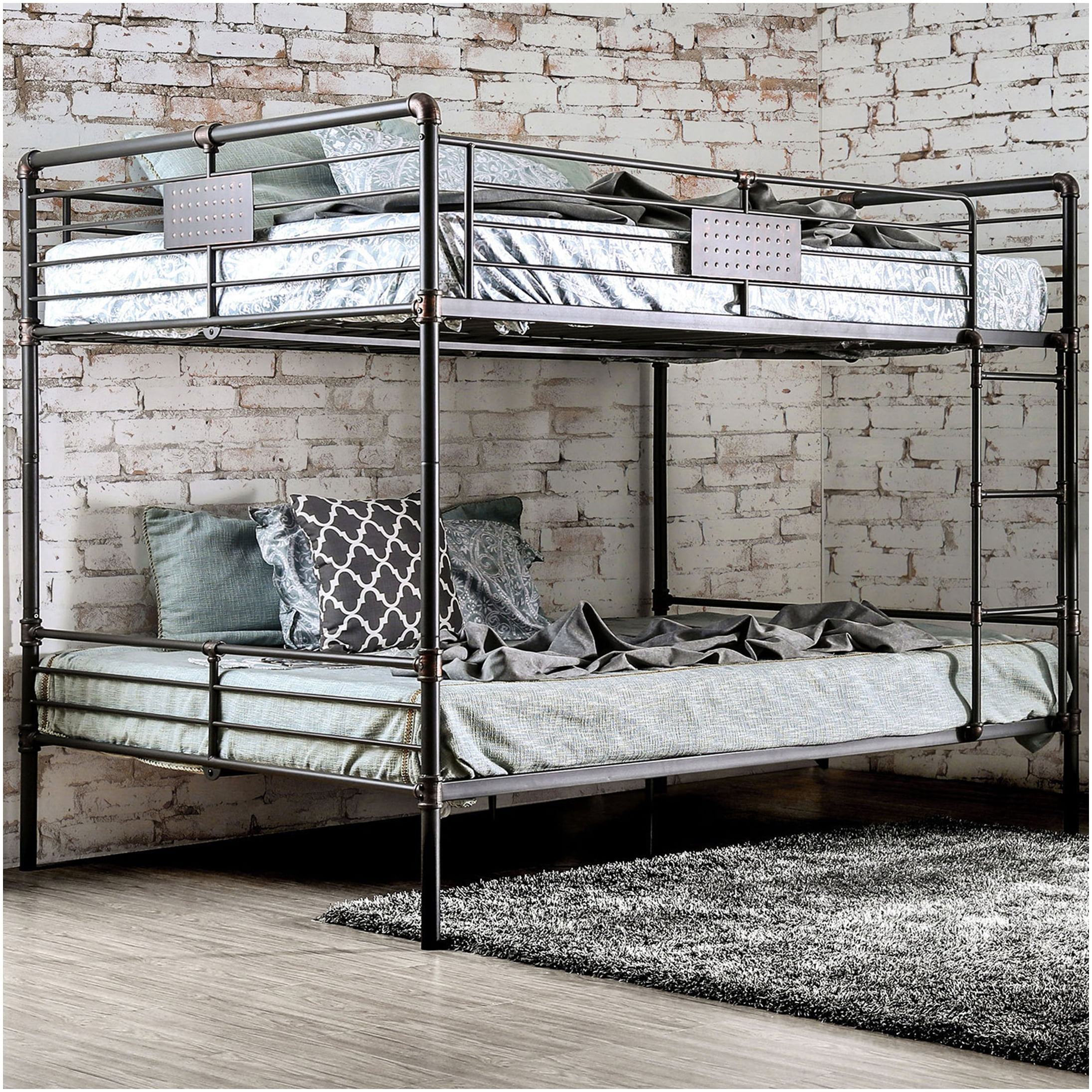 Industrial Pipe Queen Bunk Bed with Attached Ladder, Metal Frame ...