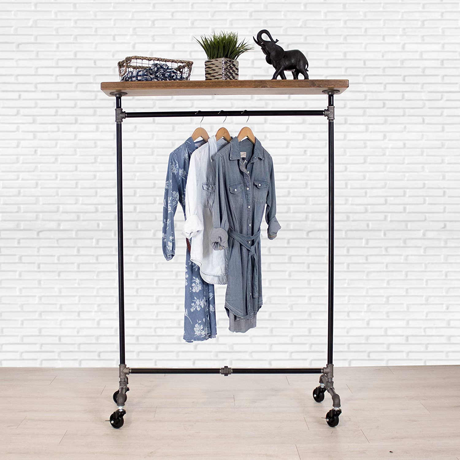 Industrial Pipe Rolling Clothing Rack with Solid Wood Top Shelving by ...