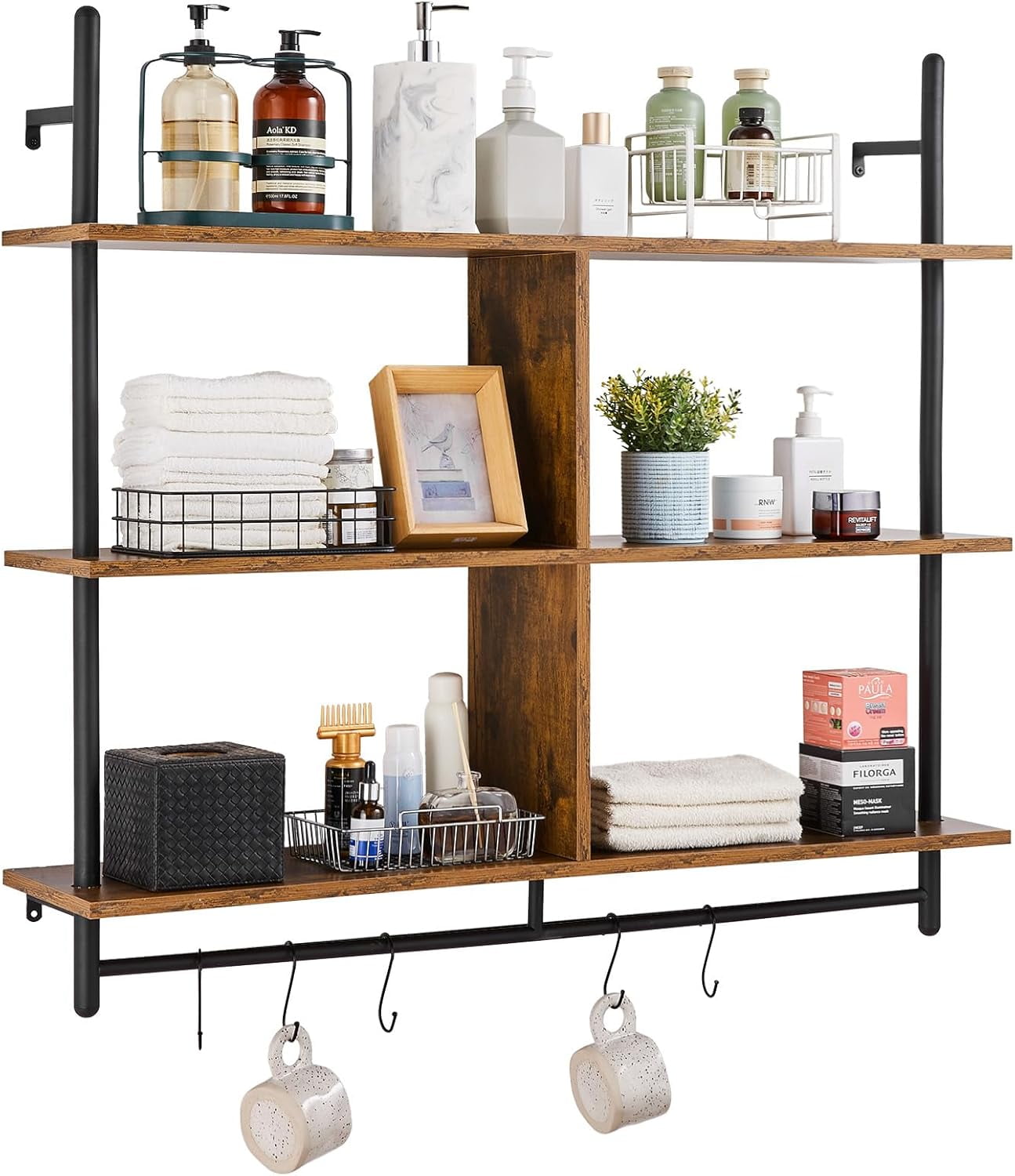 Industrial Pipe Shelf, 3 Tier 41.5x9.84in, Wall-Mount Floating Rustic ...
