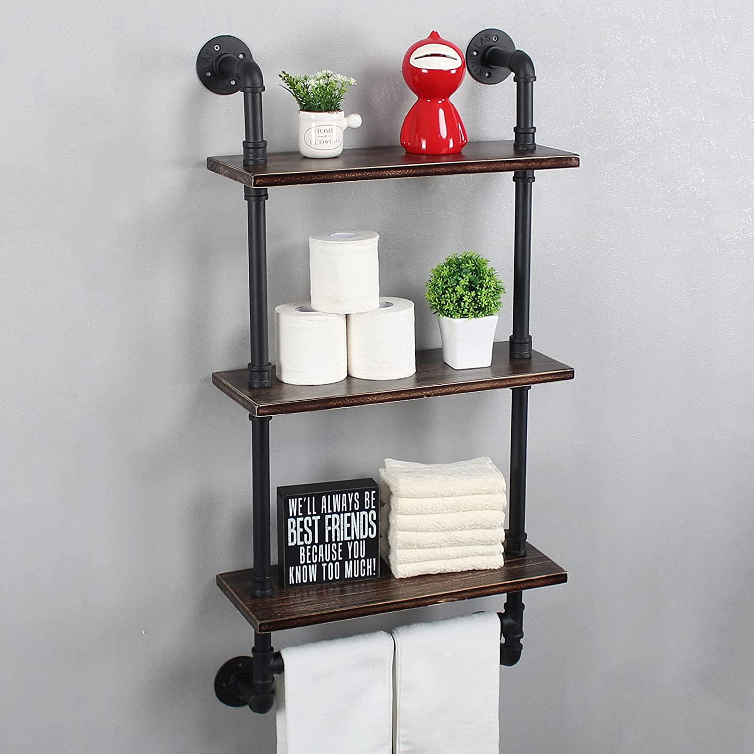 Industrial Pipe Shelf Bathroom Shelves Wall Mounted,19.6in Rustic Wood ...