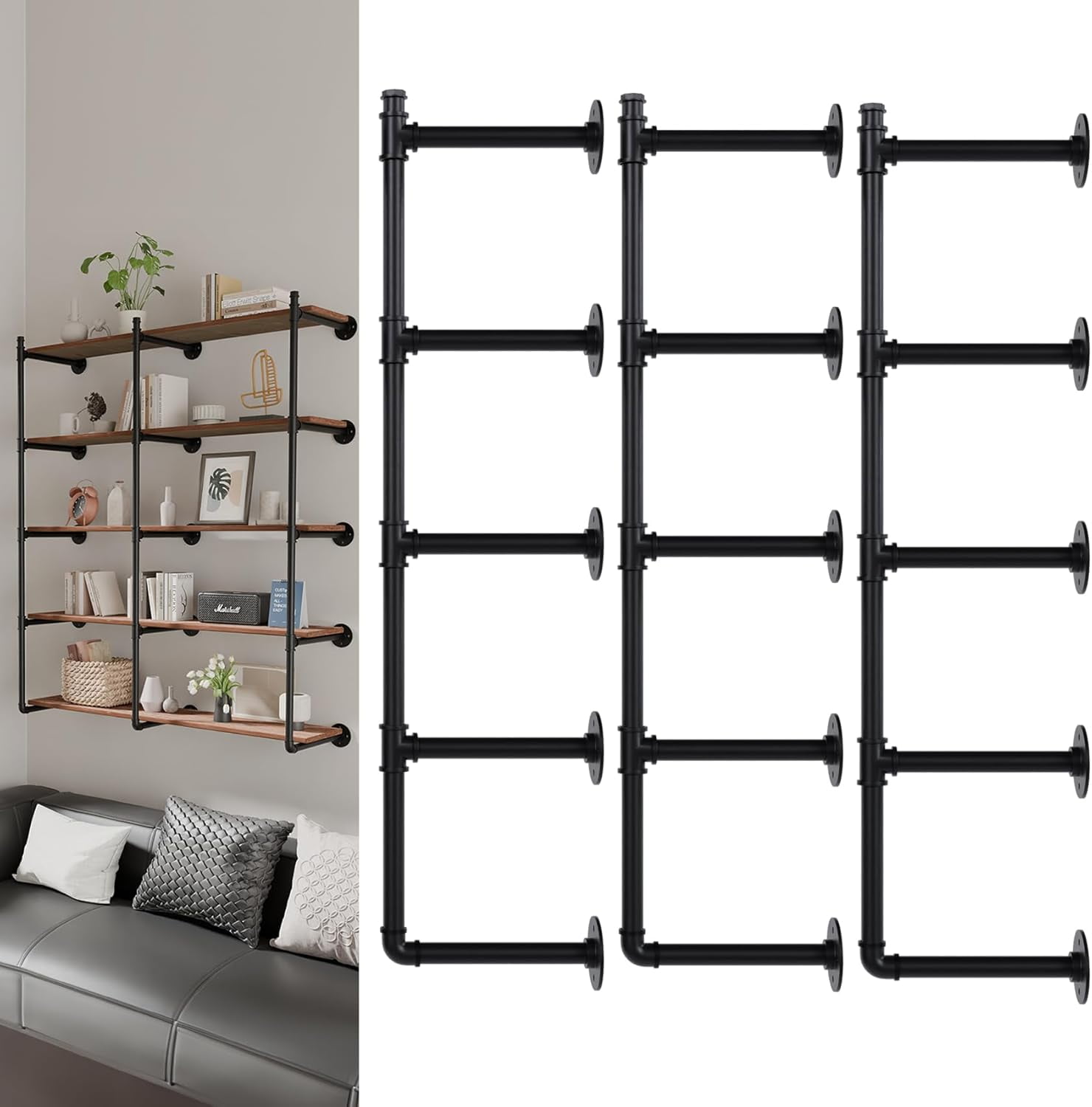 Industrial Pipe Shelf Brackets Wall Mount, Open Black Pipe Shelving for ...
