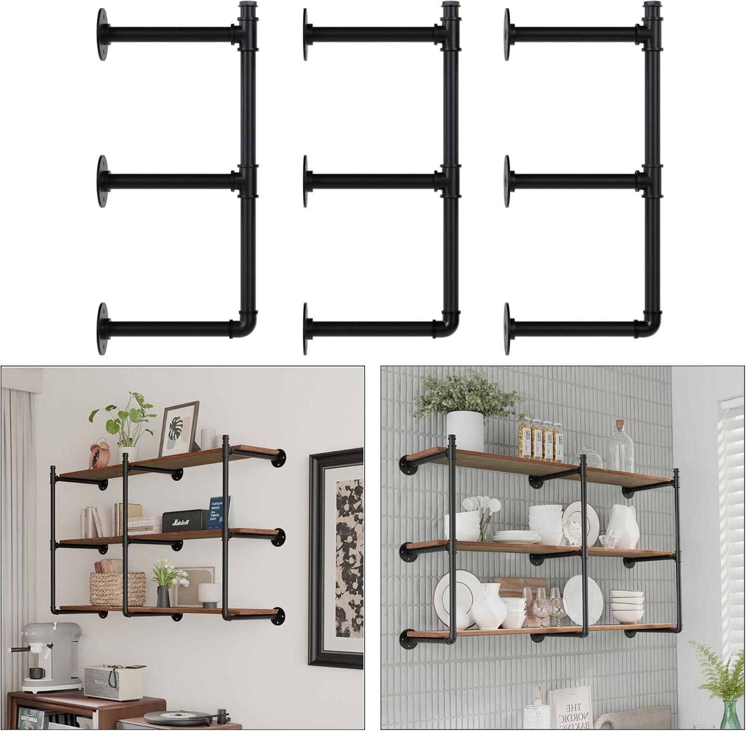 Industrial Pipe Shelf Brackets Wall Mount,Open Black Pipe Shelving for ...