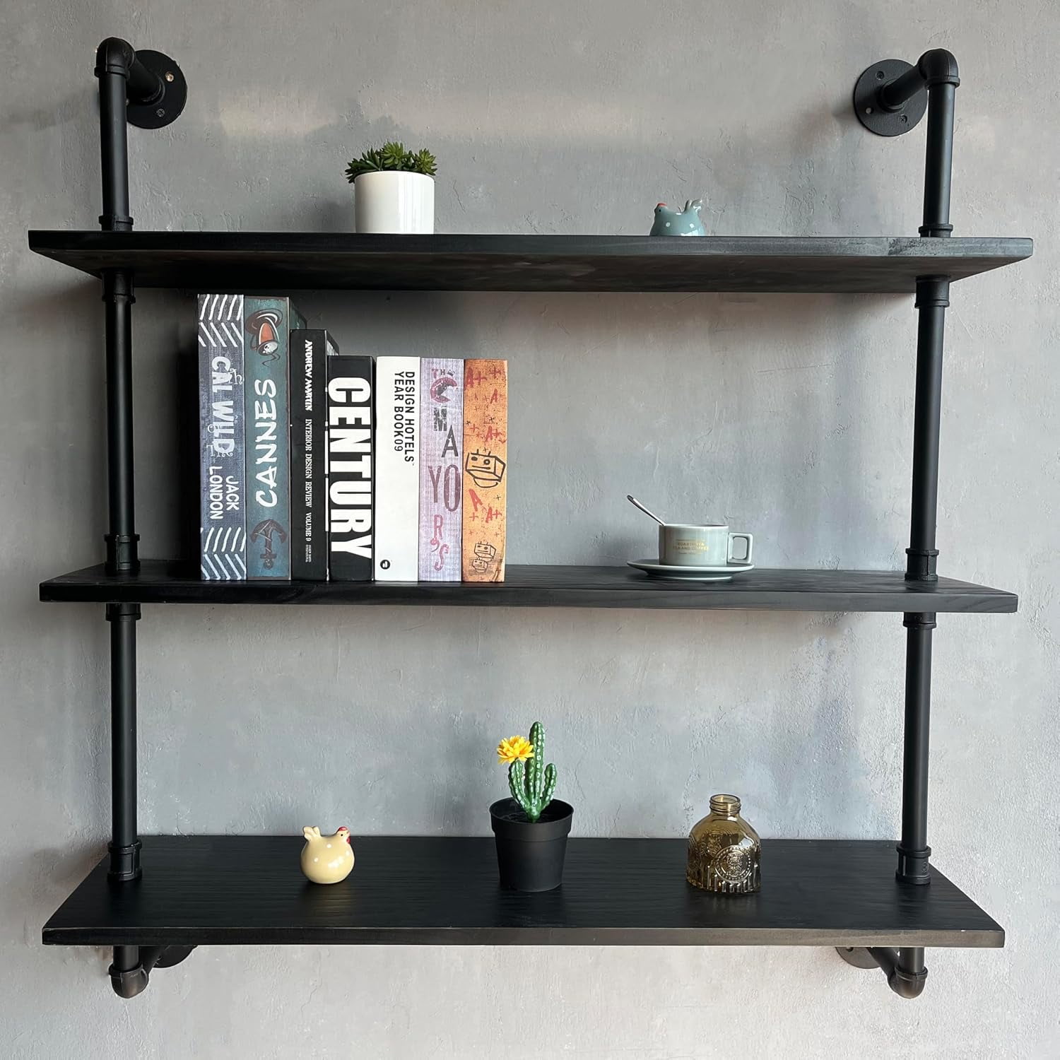 Industrial Pipe Shelf Shelving Bookcase, Wall Mounted Rustic Bookshelf ...