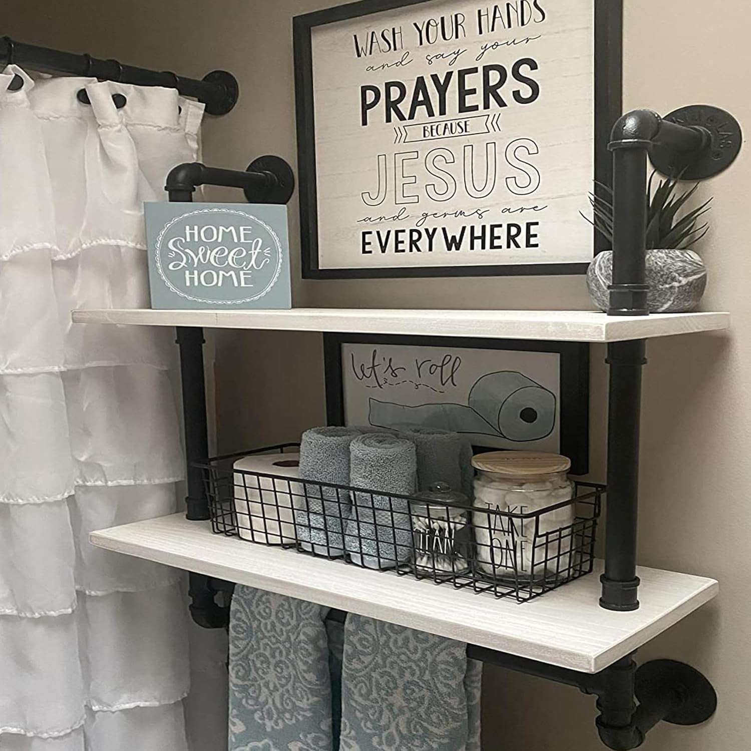 Industrial Pipe Shelving Floating Bathroom Shelves with Towel Bar Over ...