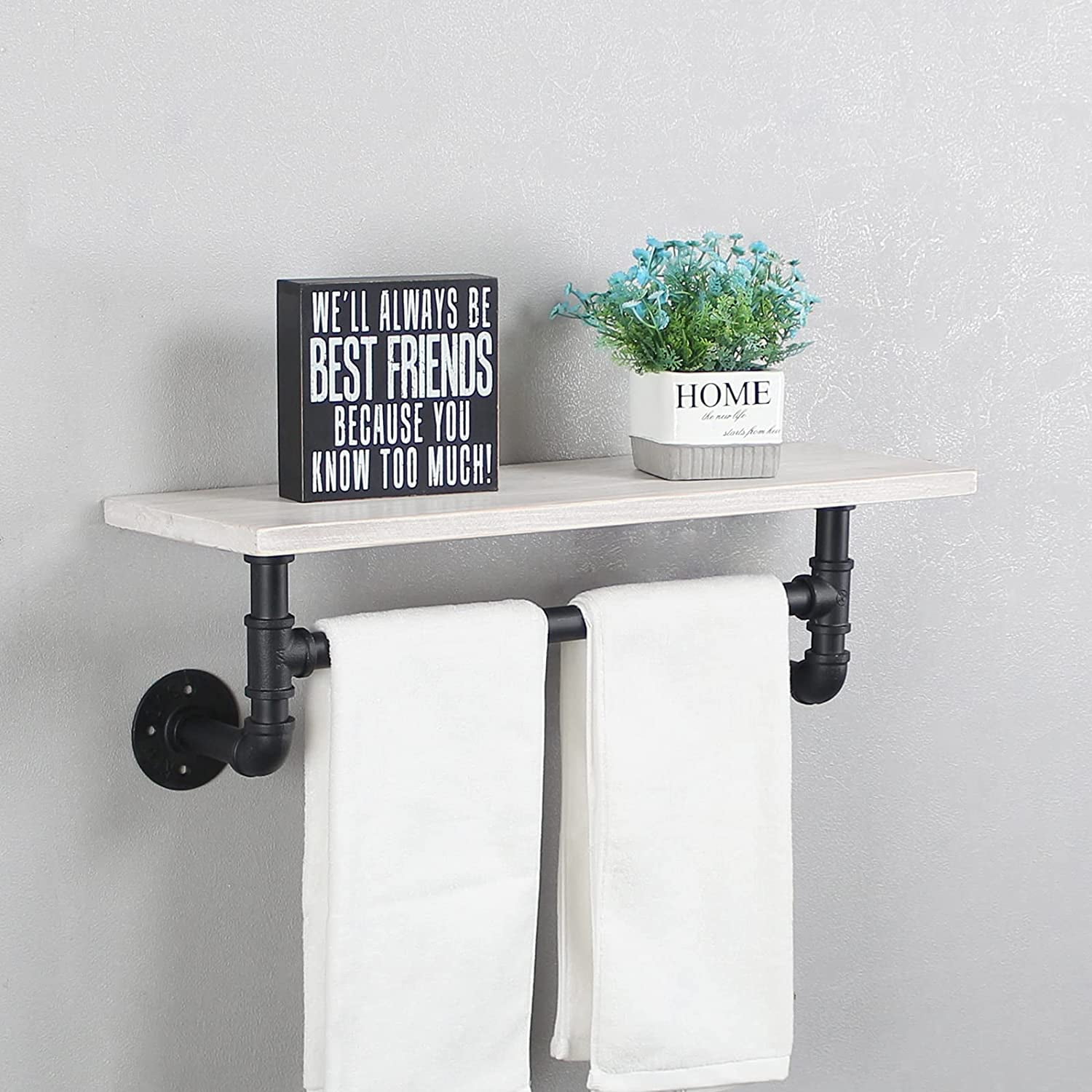 Iron Pipe Shelves Industrial Bathroom Shelves with Towel Bar, 24in ...