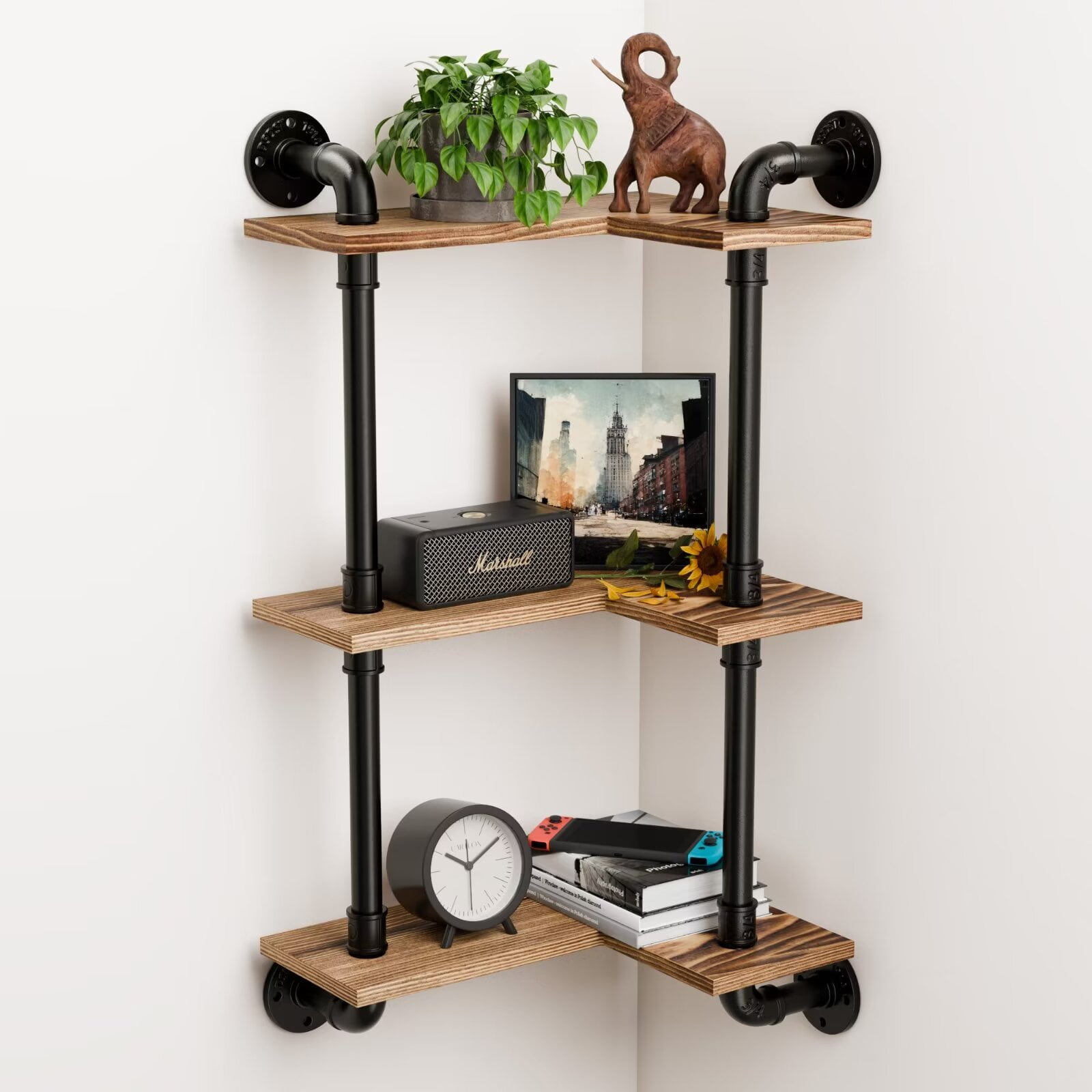 Industrial Pipe Shelving Pine Wood Floating Bathroom Shelves Wall ...