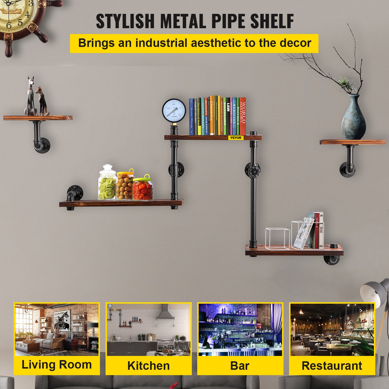 Industrial Pipe Shelving Pipe Shelves with 4-Tier Wood Planks Rustic ...