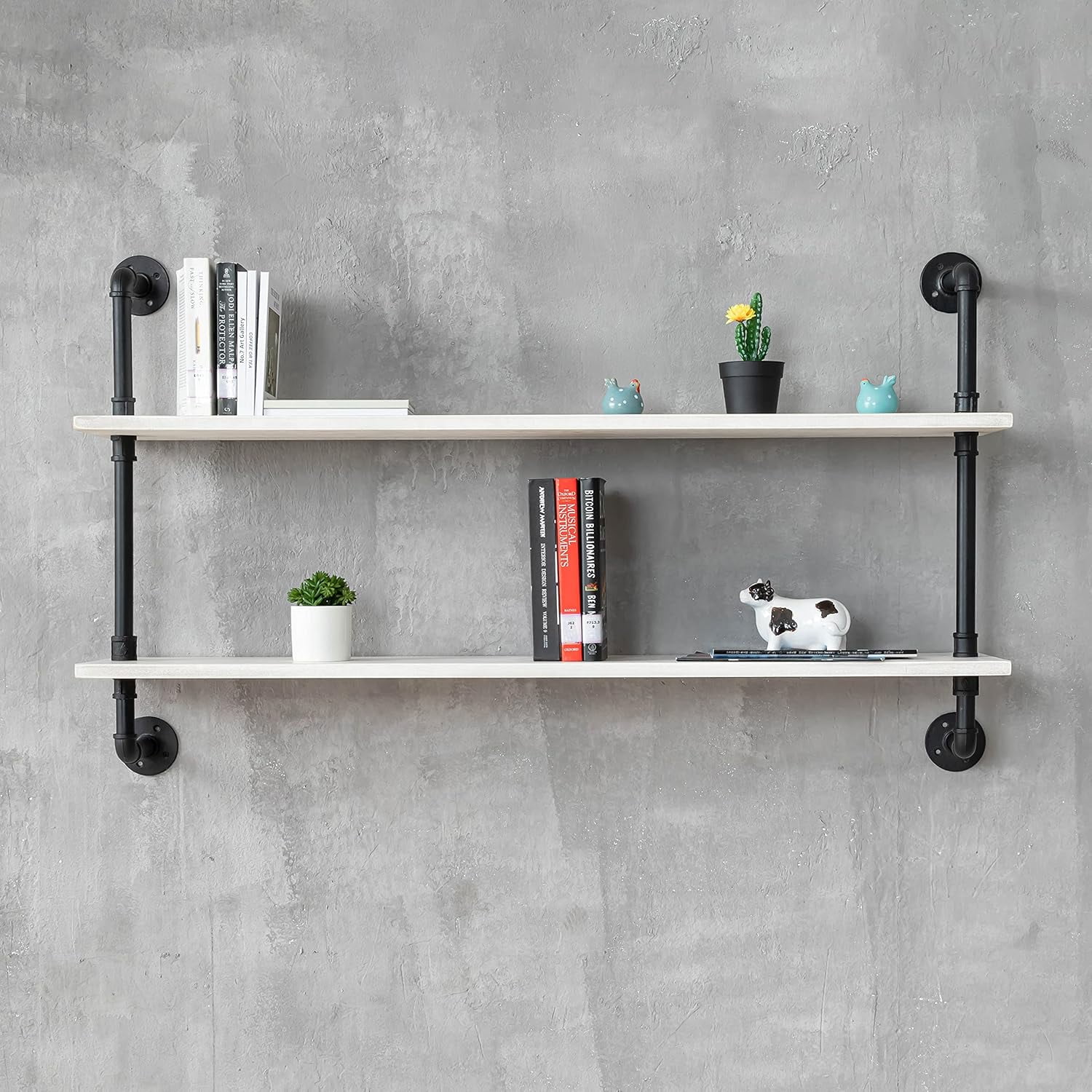 Industrial Pipe Shelving - Rustic White Wall Shelves, 48 Inch Farmhouse ...