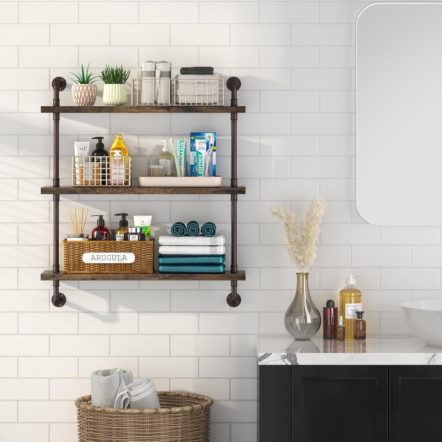 Industrial Pipe Shelving Wall Mounted 3 Tier 32 Inch, Bathroom Metal ...