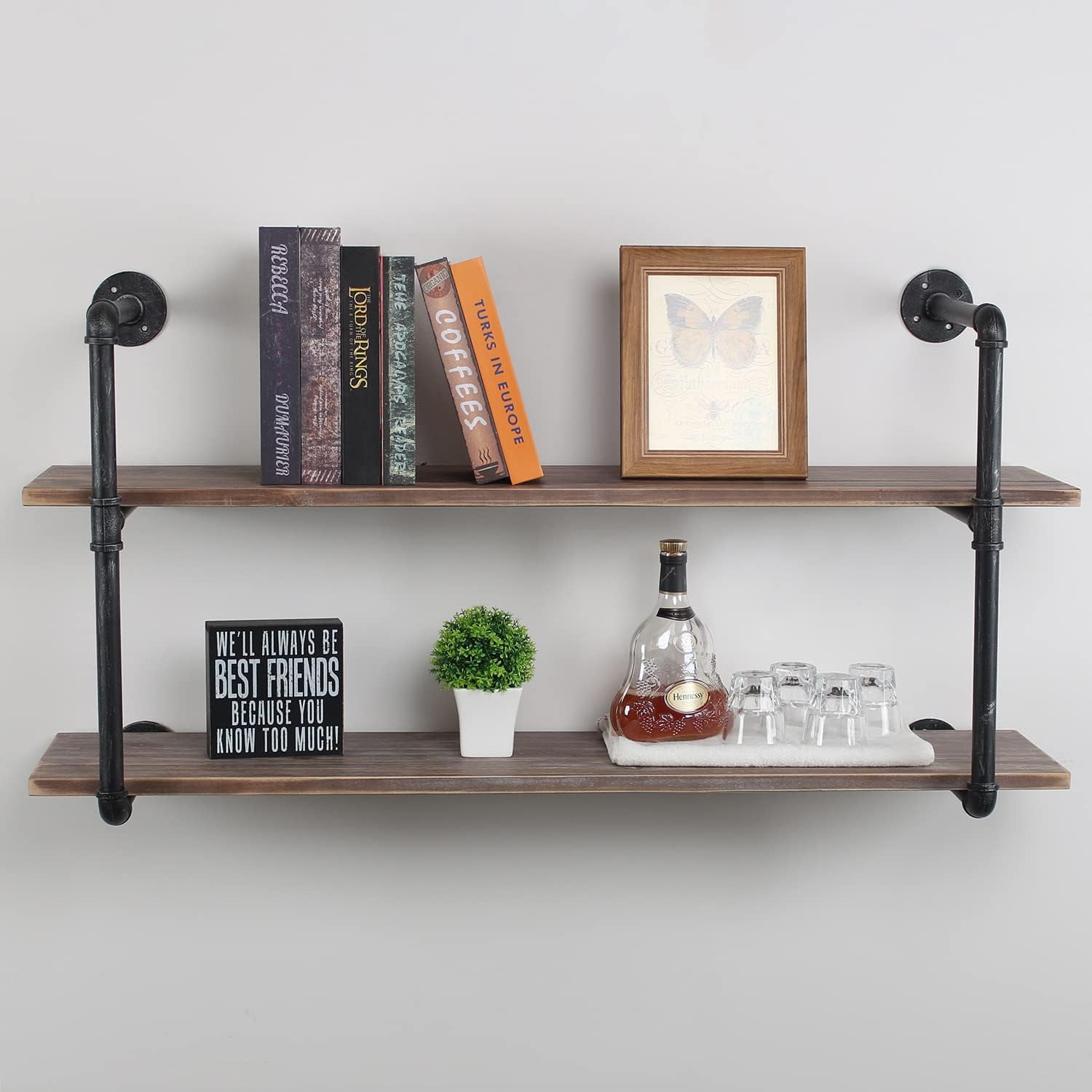 Industrial Pipe Shelving Wall Mounted, 48in Rustic Metal Floating ...