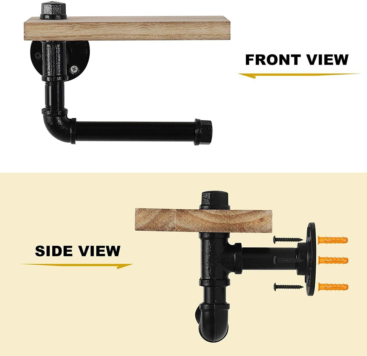 Industrial Pipe Toilet Paper Holder w/Rustic Wood Shelf Wall Tissue Kit ...