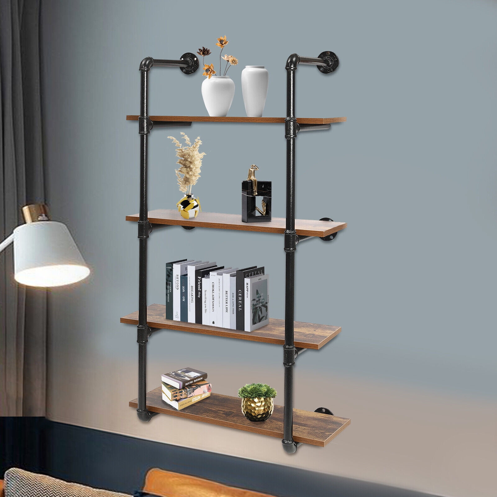 Industrial Pipe Wall Shelf, 4-Tier Floating Storage Rack with Wood ...