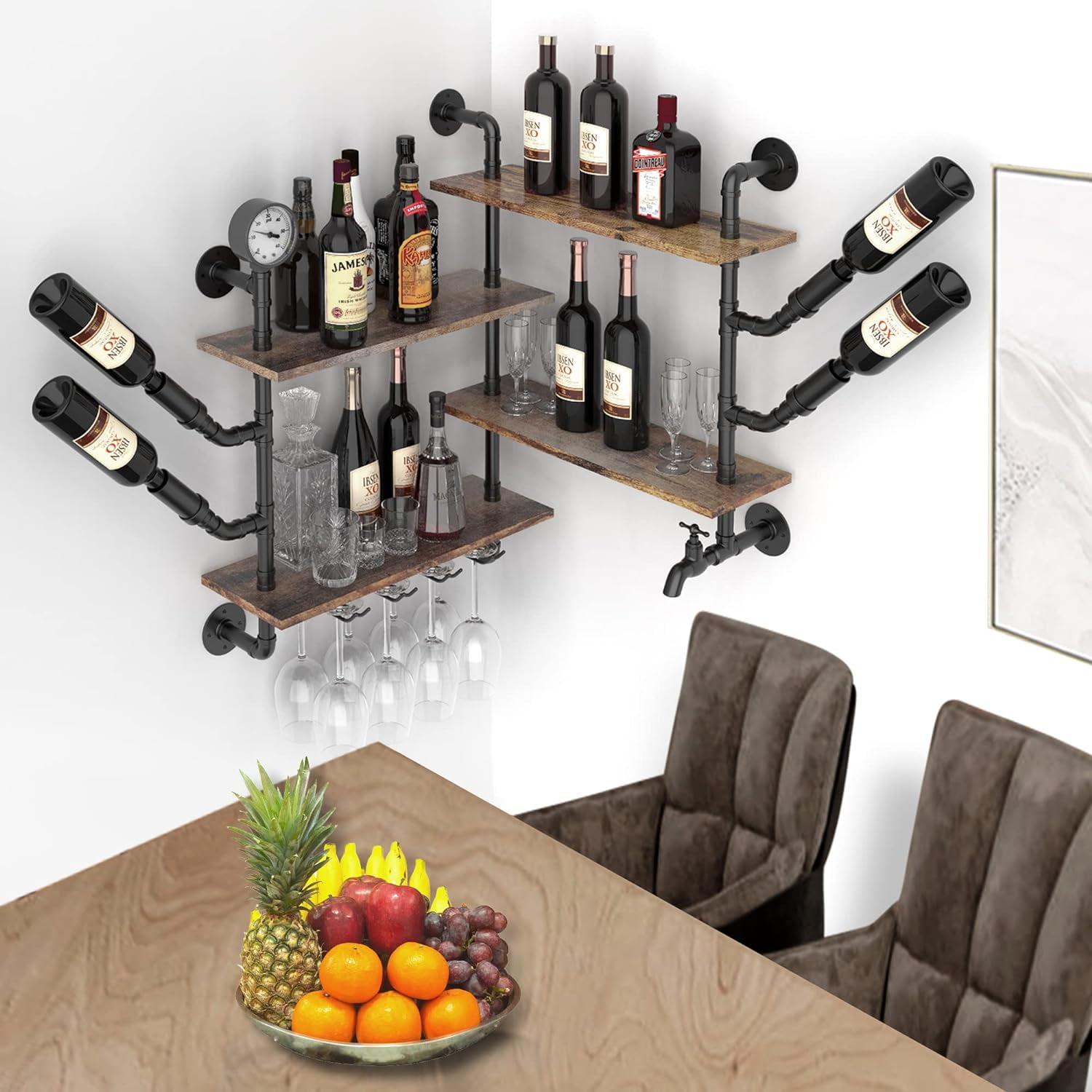 Industrial Pipe Wine Rack Wall Mounted, 4 Tier Wooden Wall Bar Shelf ...