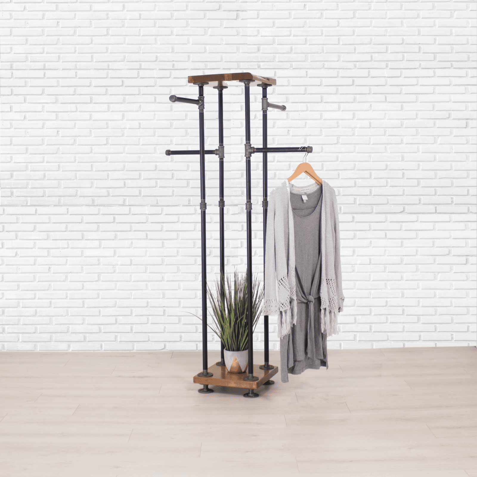 Industrial Pipe and Wood Shelf Clothes Rack 4-Way, Garment Rack ...