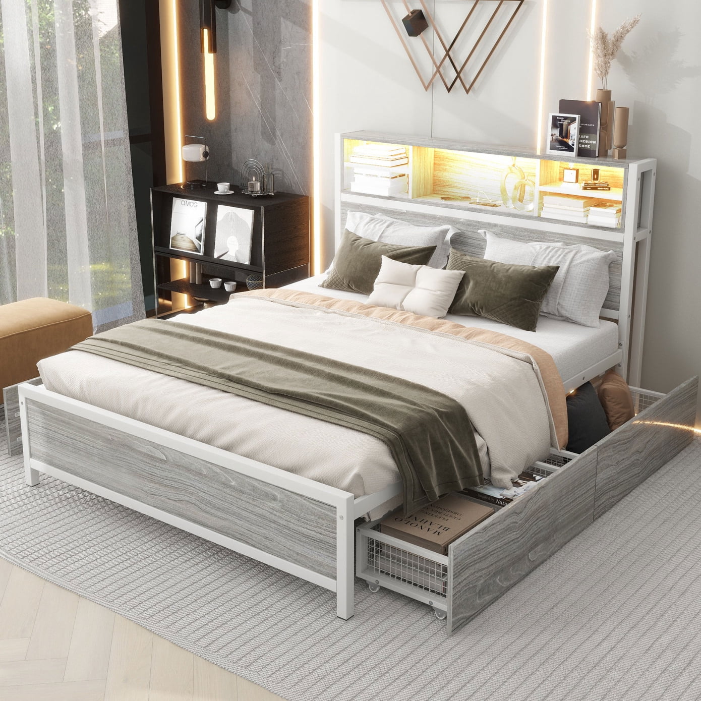 Industrial Queen Size Platform Bed with 4 Drawers and LED Storage ...