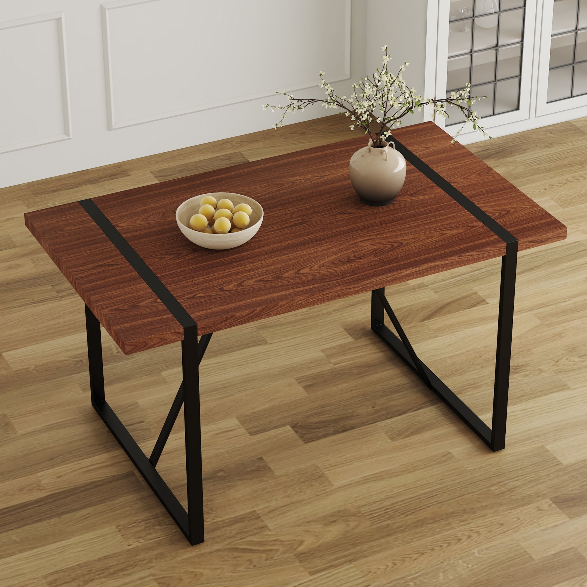 Industrial Rectangular MDF Walnut Color Wood Grain Dining Table for 4-6 ...