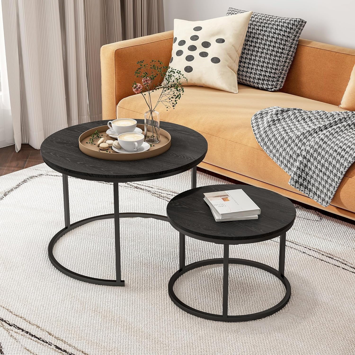 Industrial Round Coffee Table Set of 2 End Table for Living Room ...