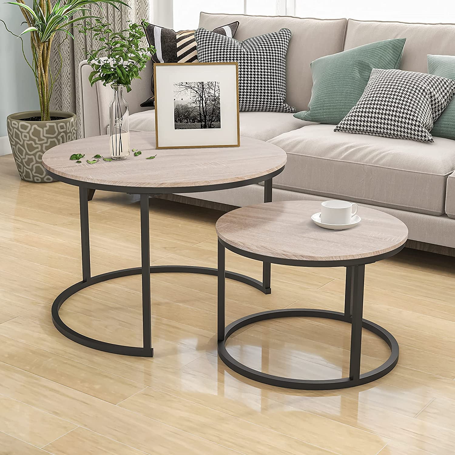 Industrial Round Coffee Table Set of 2 End Table for Living Room ...