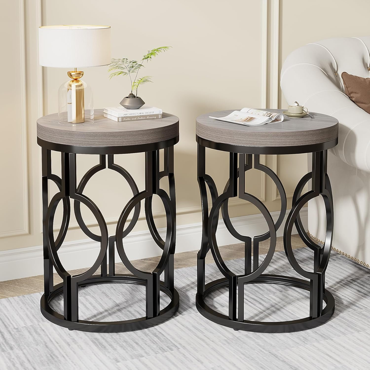 Industrial Round Side Table, Metal Frame Nightstand with Hollow Base ...