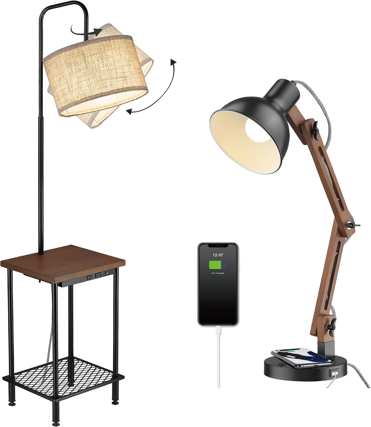 Industrial Rubber Wood Table Floor Lamp with USB Type-C Charging Port ...